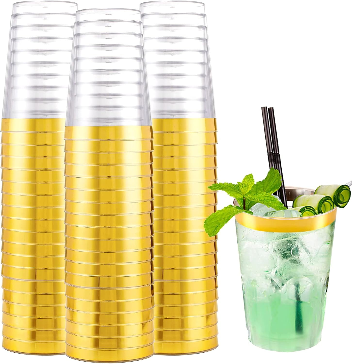 200 Pack Gold Plastic Cups, 9 Oz Elegant Clear Plastic Cups Gold Rimmed ...