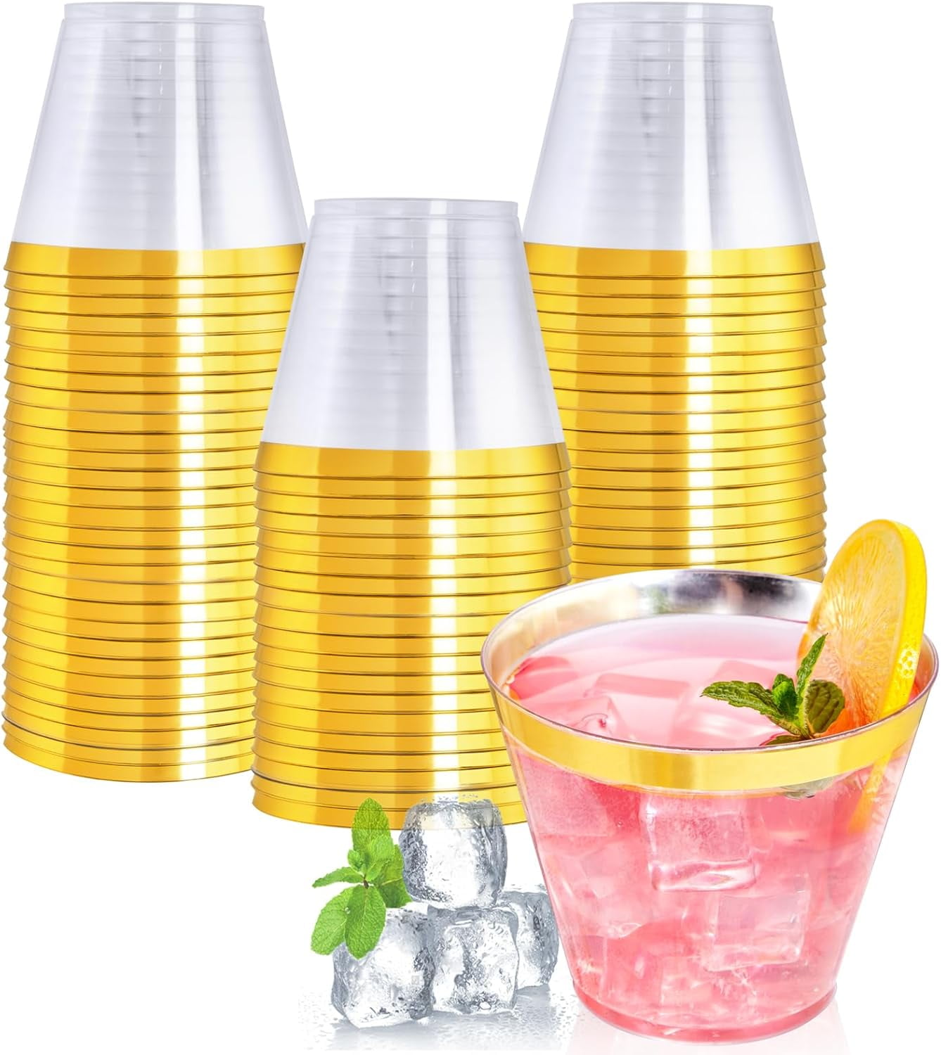 200 Pack Gold Plastic Cups, 9 Oz Elegant Clear Plastic Cups Gold Rimmed ...