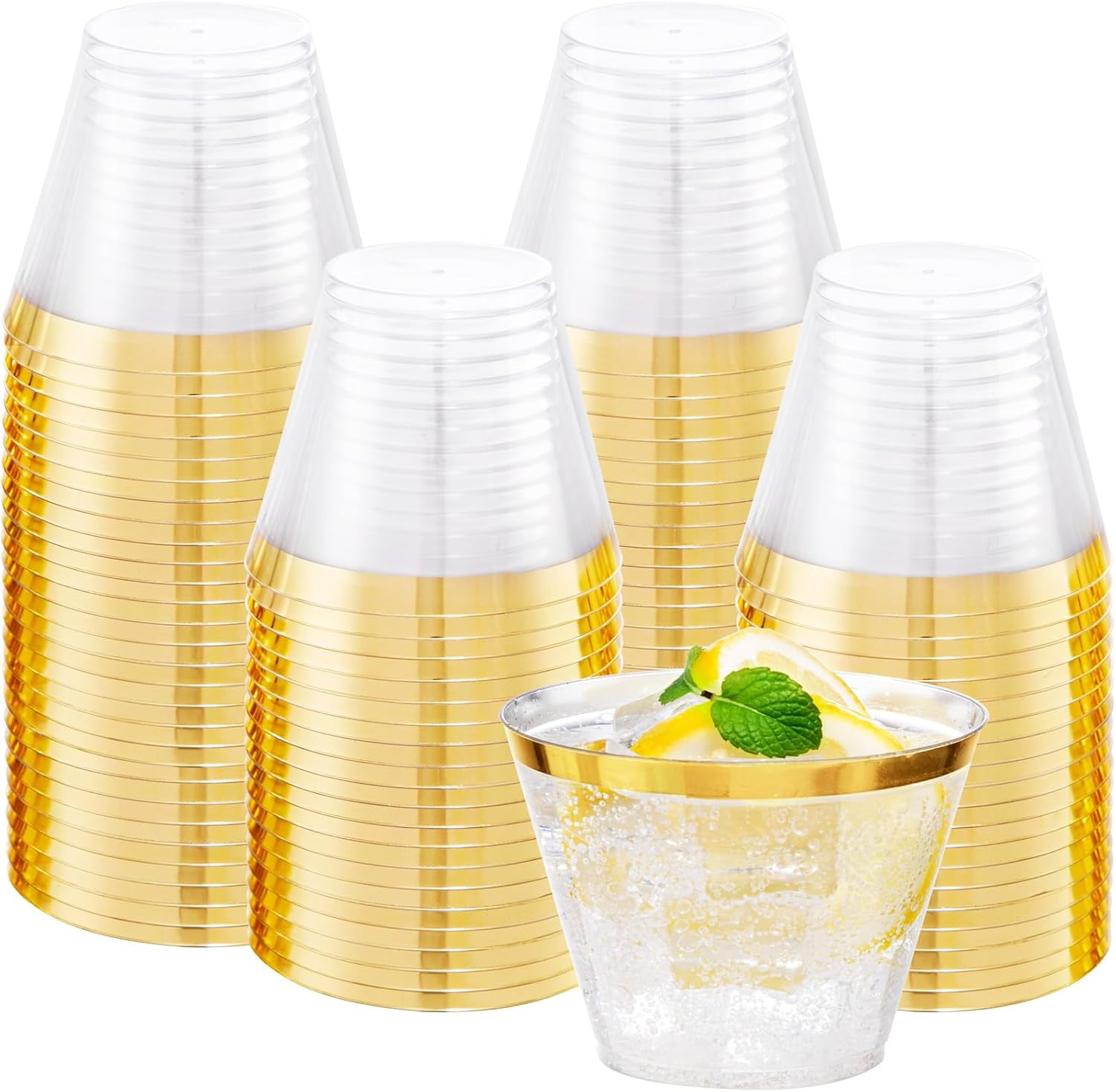 200 Pack Gold Plastic Cups, 9 Oz Elegant Clear Plastic Cups Gold Rimmed ...