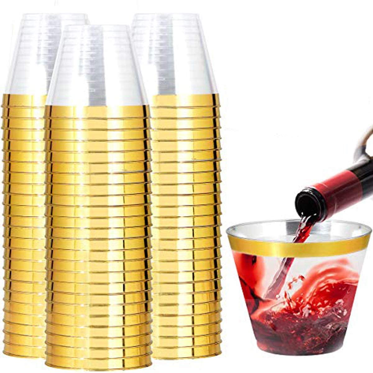 200 Pack Gold Plastic Cups, 9 Oz Elegant Clear Plastic Cups Gold Rimmed ...