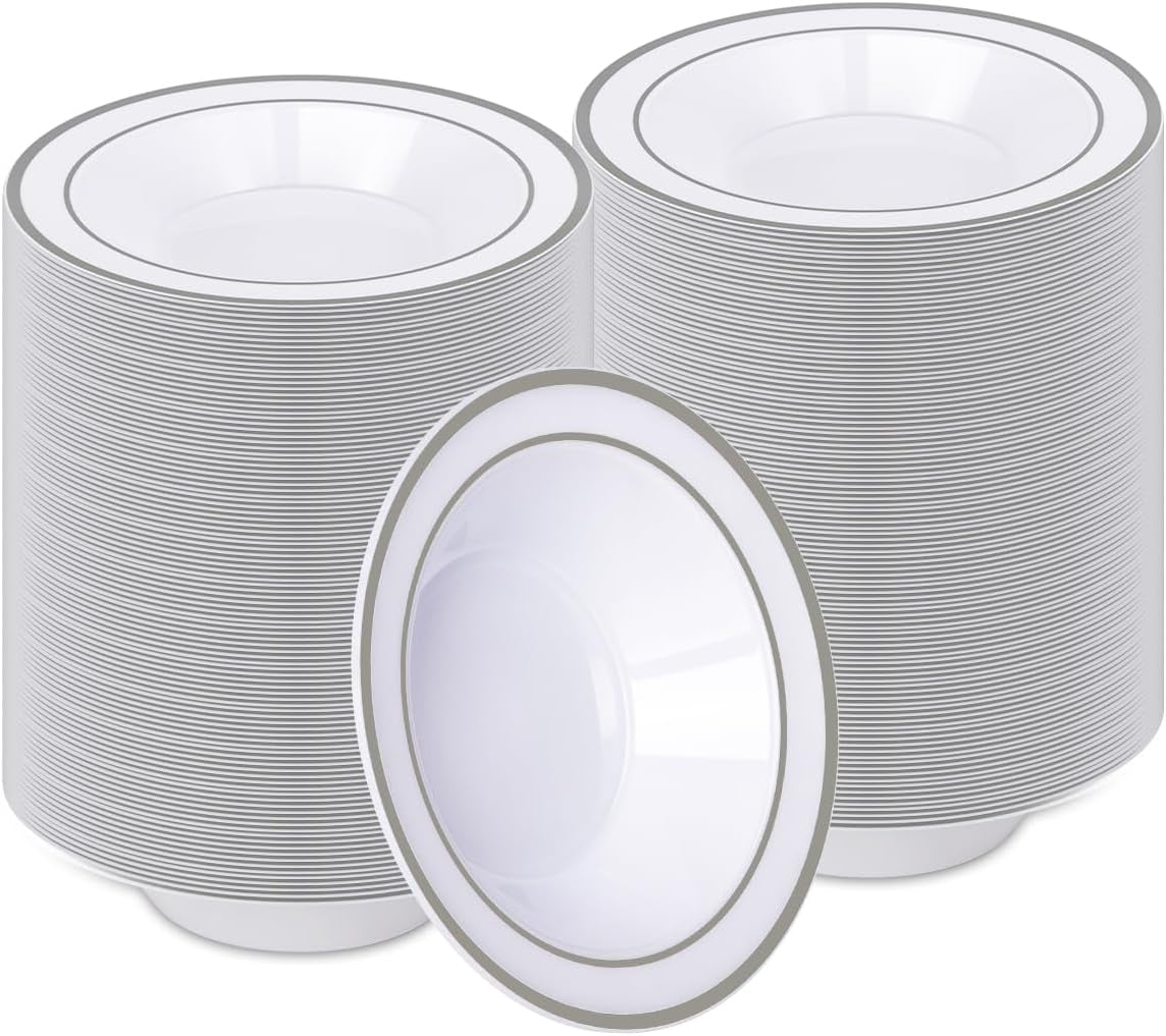 200 Pack Plastic Bowls with Silver Rim, 12 oz Disposable So Bowls ...