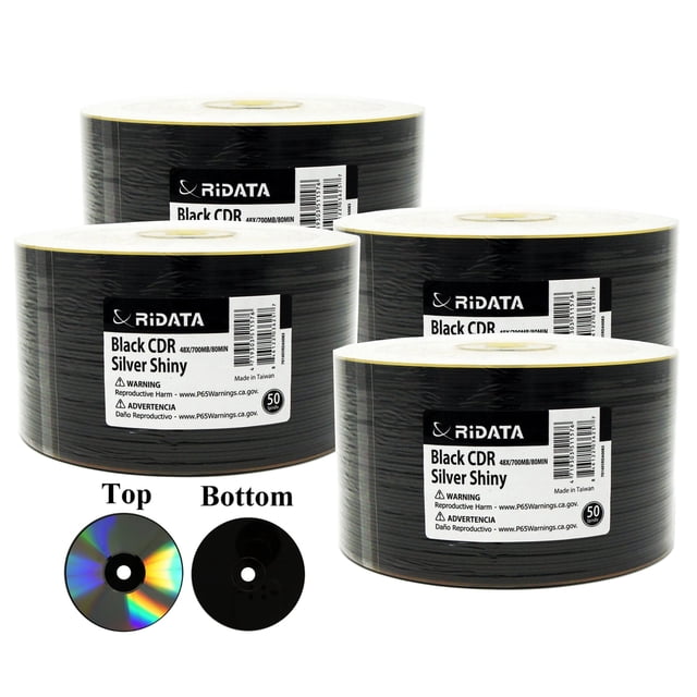 200 Pack Ridata Black CD-R 48X 700MB 80M Shiny Silver Thermal Surface ...