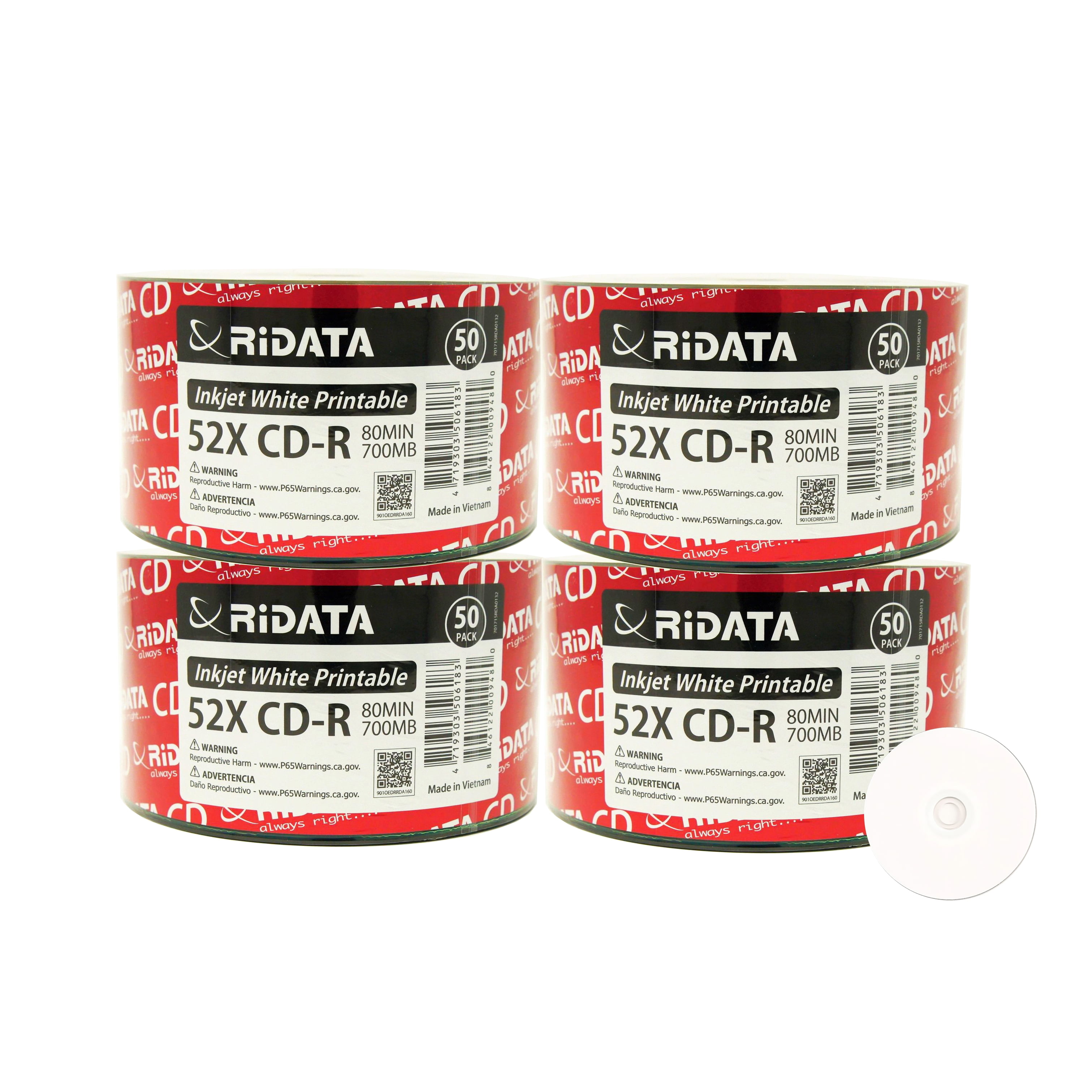 200 Pack Ridata CD-R 52X 700MB 80Min White Inkjet Hub Printable Blank ...