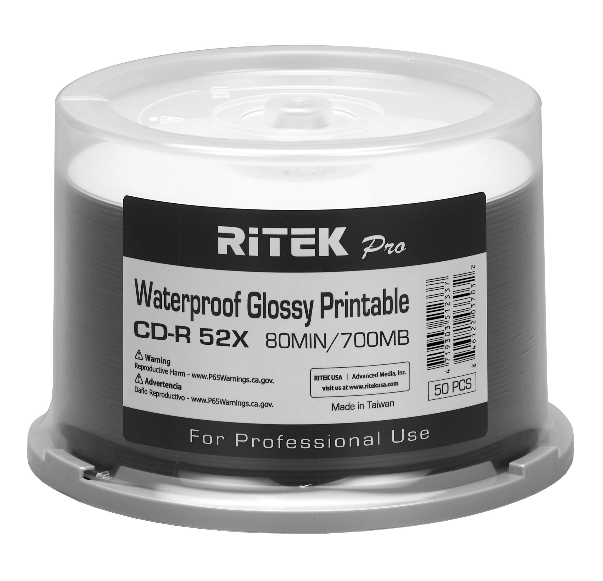 Ritek Pro 200 Pack CD-R 52X 700MB 80Min Glossy White Inkjet Printable ...