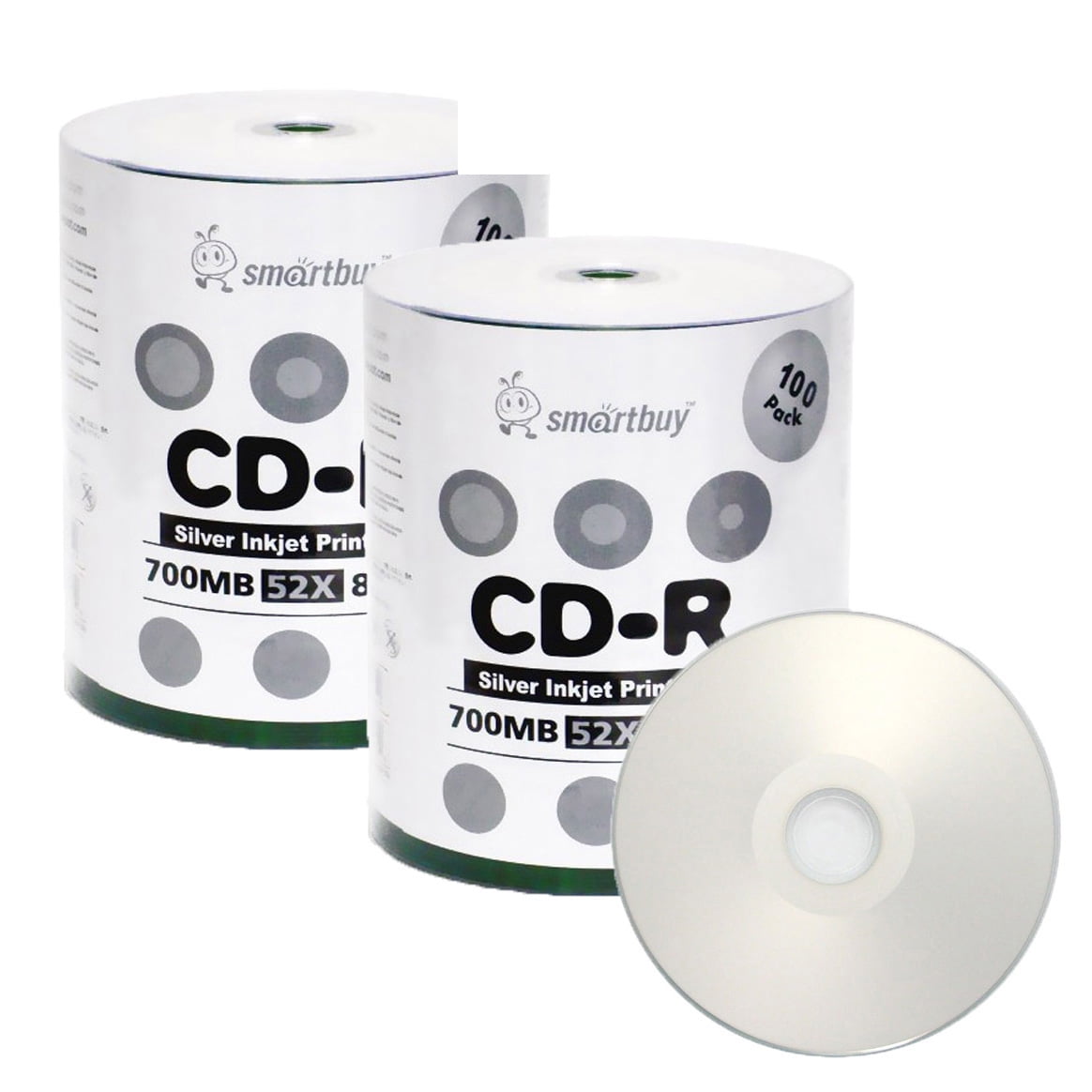 200 Pack Smartbuy 52X CD-R 700MB 80Min Silver Inkjet Hub Printable Data ...