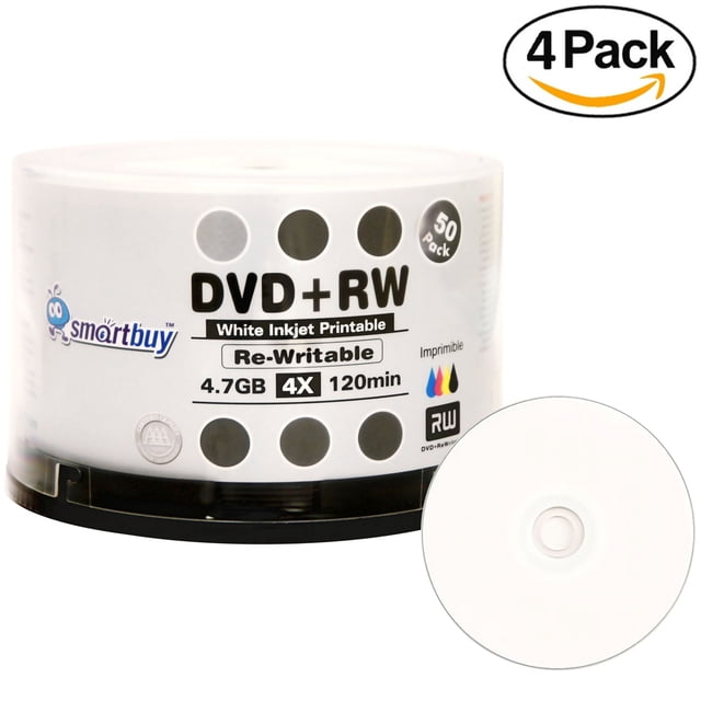 200 Pack Smartbuy Blank DVD+RW 4x 4.7GB 120Min White Inkjet Hub ...