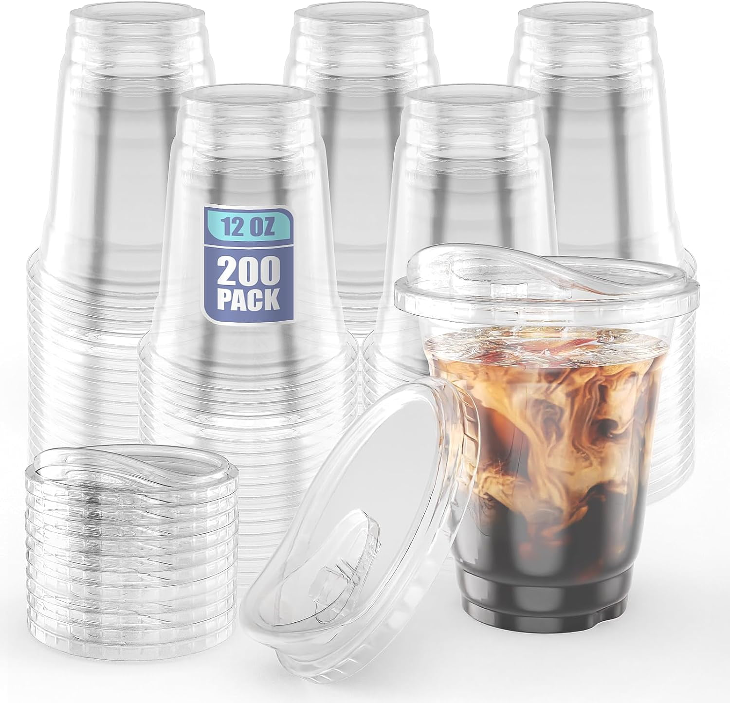 200 Pack Strawless Plastic Cups with Lids, 12 OZ Disposable Clear ...
