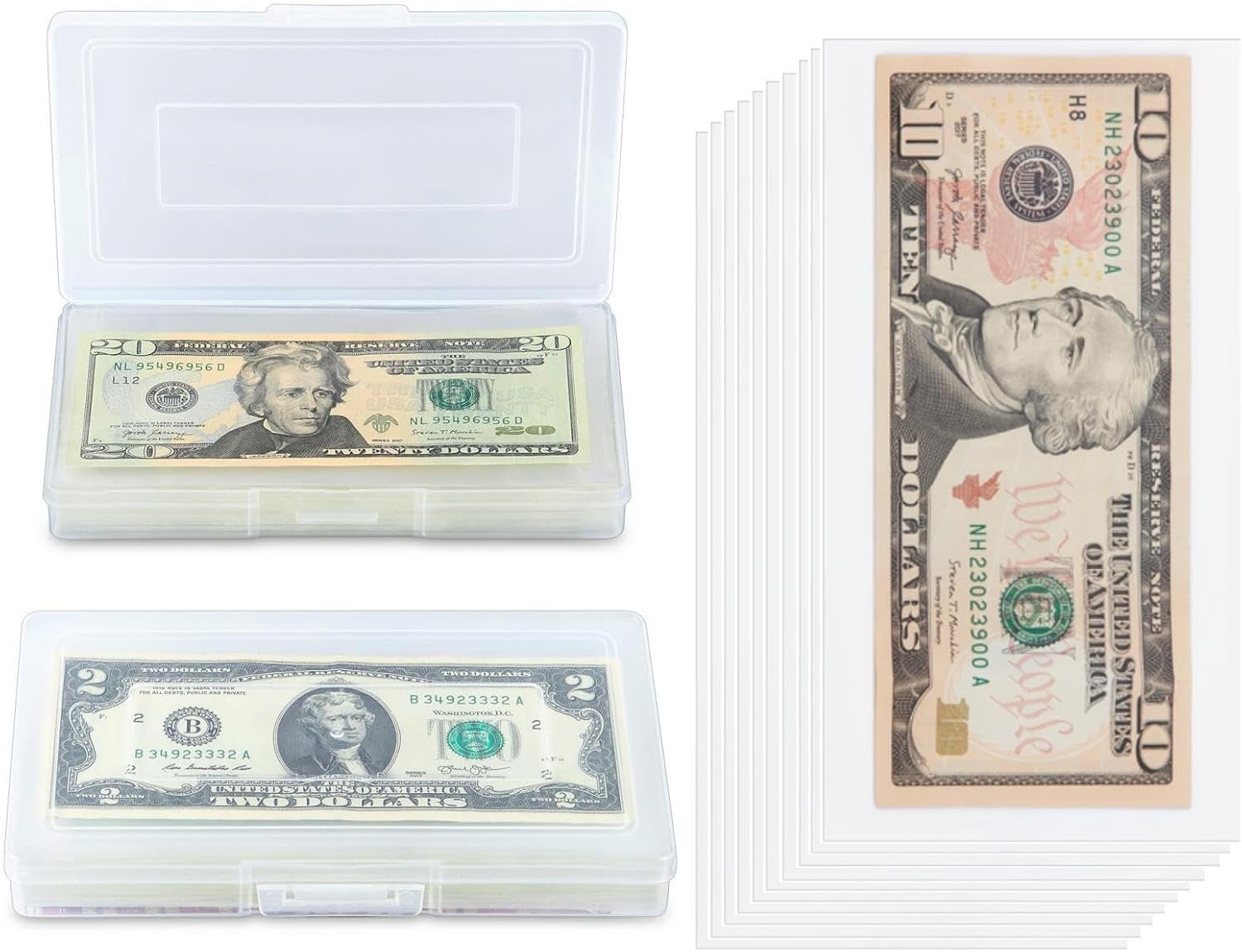 200 Packs Currency Sleeves with Plastic Storage Case, PP Material Clear ...