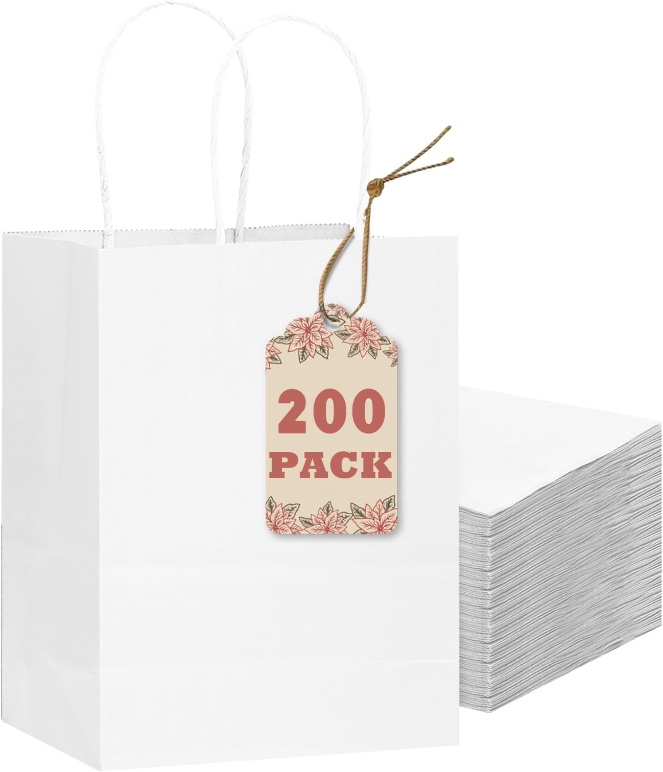 200-Packs White Paper Bags with Handles 8.3""x3.15" Small Size Paper ...