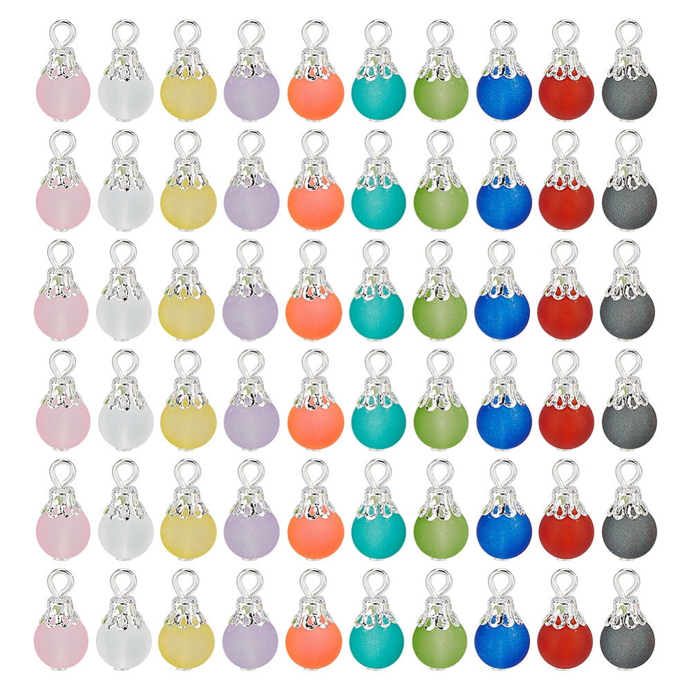 200 Pcs 10 Colors Frosted Glass Bead Charms Round Beads Pendants Charms ...