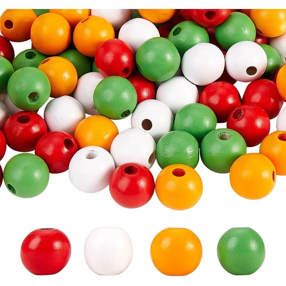 200 Pcs 4 Colors Painted Natural Wood Beads Colorful Round Wood Beads ...