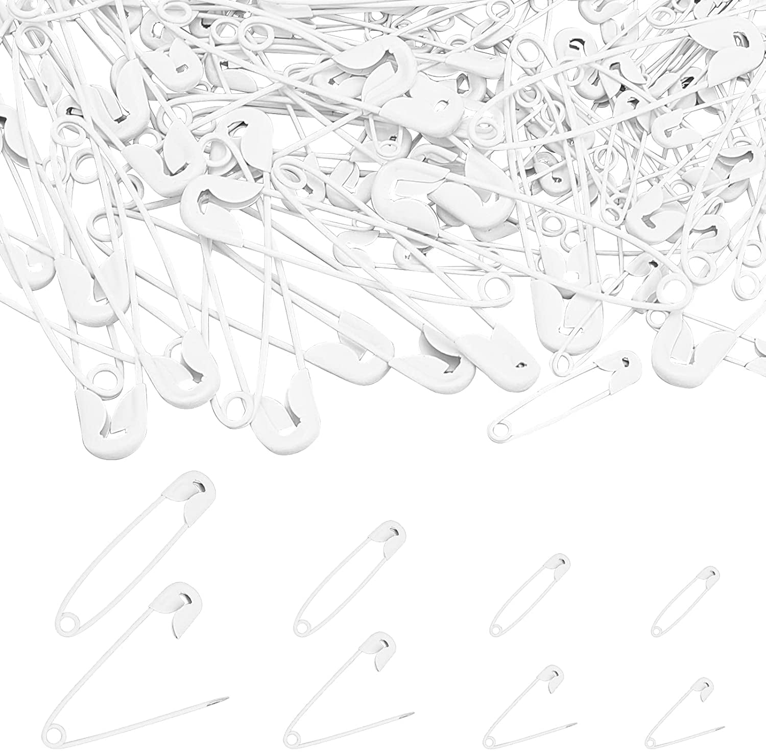 About 200 Pcs 4-Size Safety Pins White Spray Painted Safety Pins Sewing ...