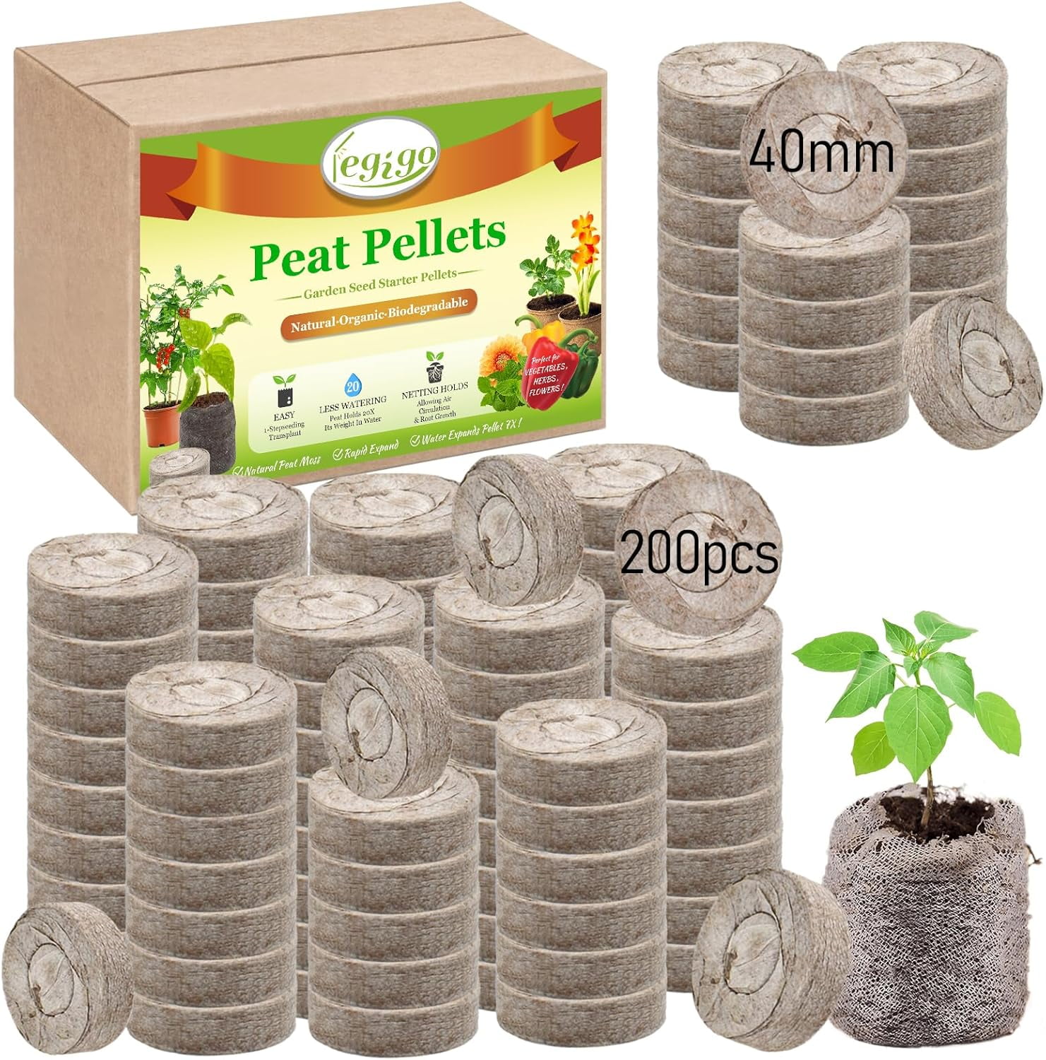200 Pcs 40mm Seed Starter Peat Pellets Pods for Seedlings- Compressed ...