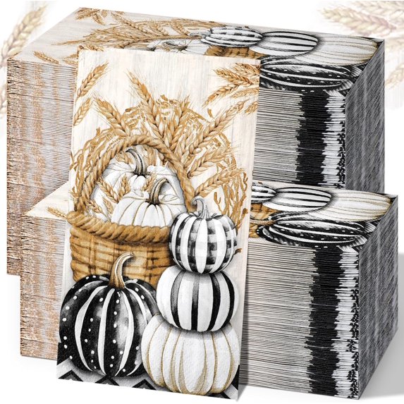 200 Pcs Black White Pumpkins Guest Napkins 2 Ply Fall Wheat Bathroom ...
