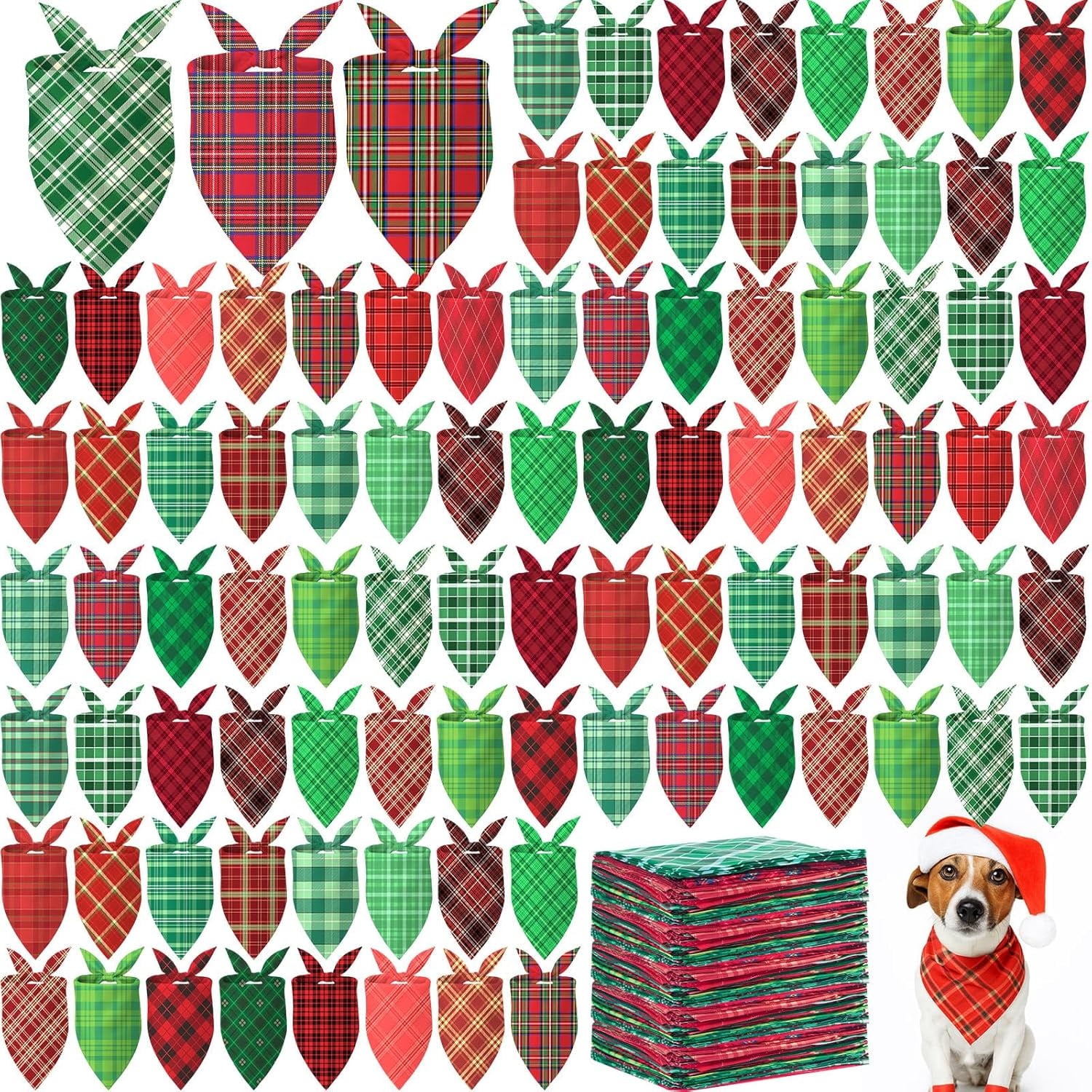 200 Pcs Christmas Dog Bandanas Bulk Xmas Red and Green Buffalo Plaid ...