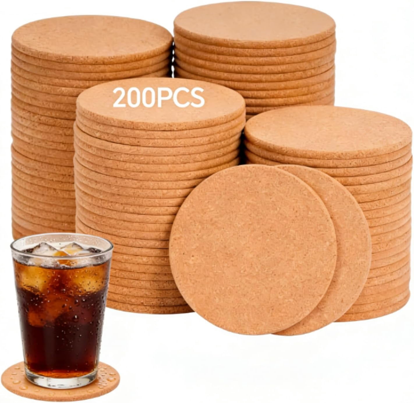 200 Pcs Cork Coasters for Drinks, 4" Round Absorbent & Reusable Cork ...