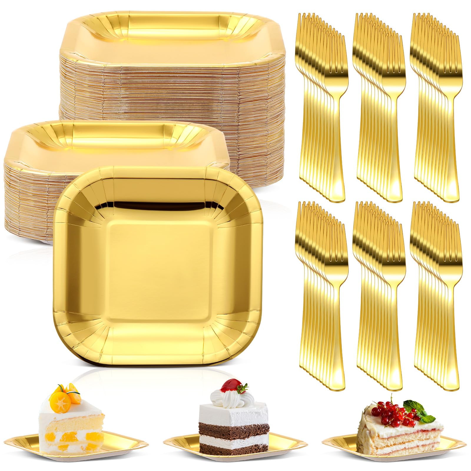 200 Pcs Disposable Gold OIF8 Paper Dessert Plates with Set Include 100 ...