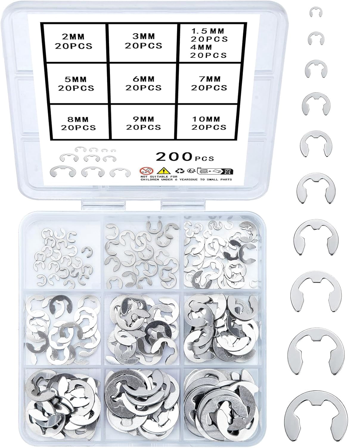 200 Pcs E-Clip Circlip External Retaining Rings, Stainless Steel E ...