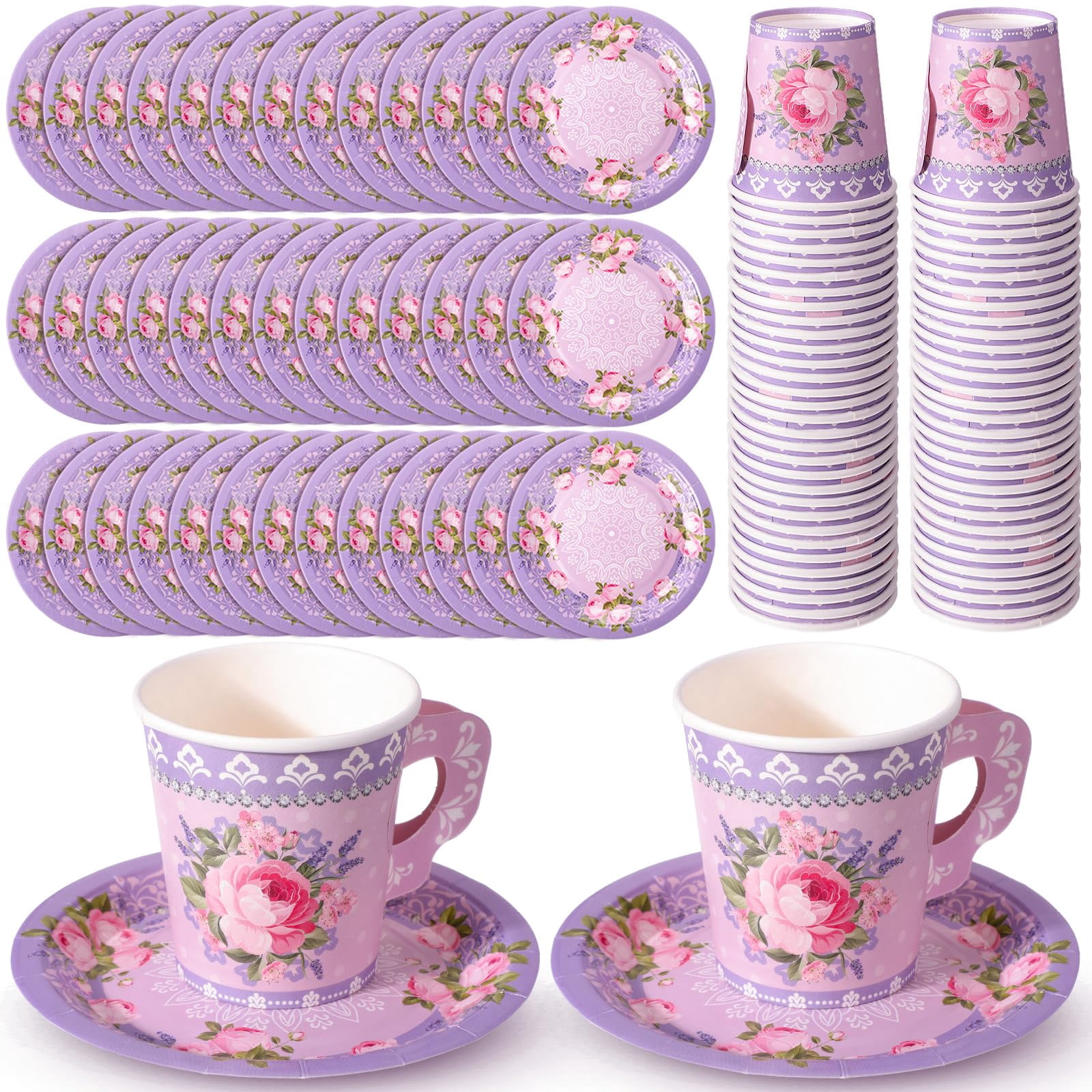 200 Pcs Floral Paper Tea Cups and Saucers 7 oz Disposable Tea Party ...