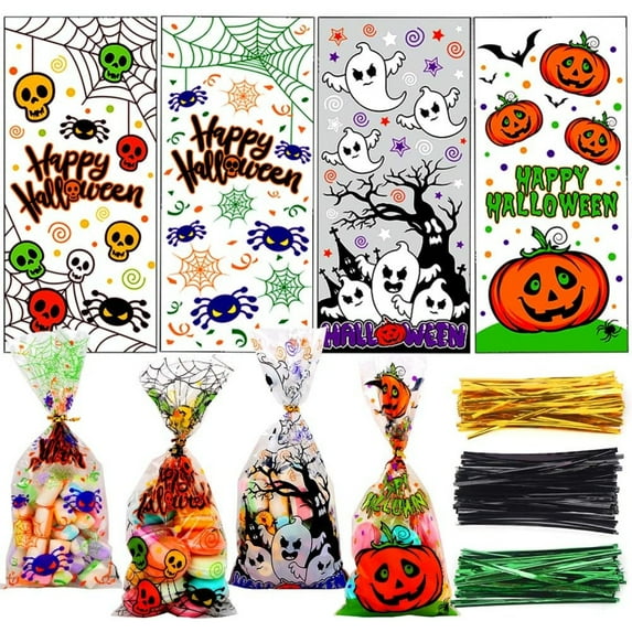 200 Pcs Halloween Cellophane Candy Treat Bags with Twist Ties for ...