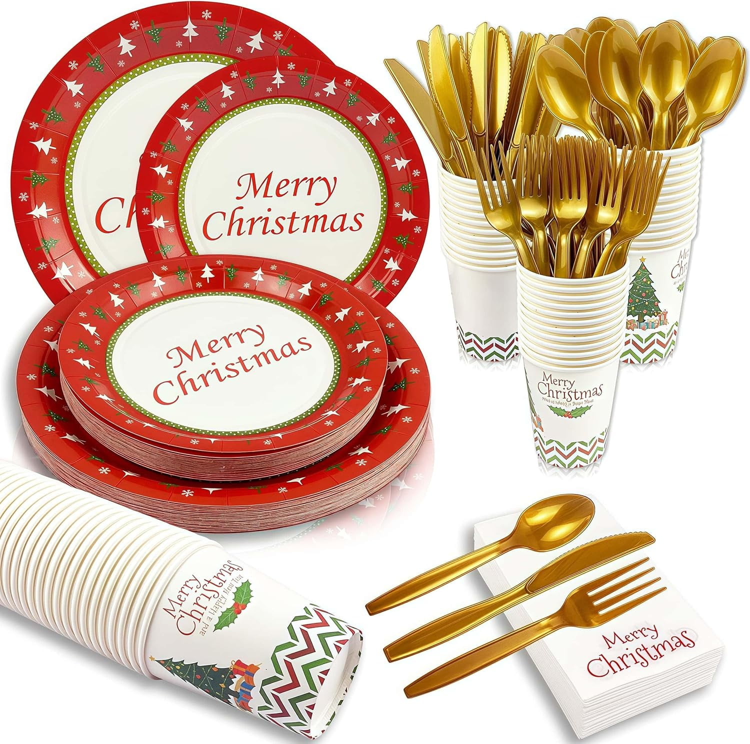200 Pcs Merry Christmas Disposable Dinnerware Set for 25 Guests ...