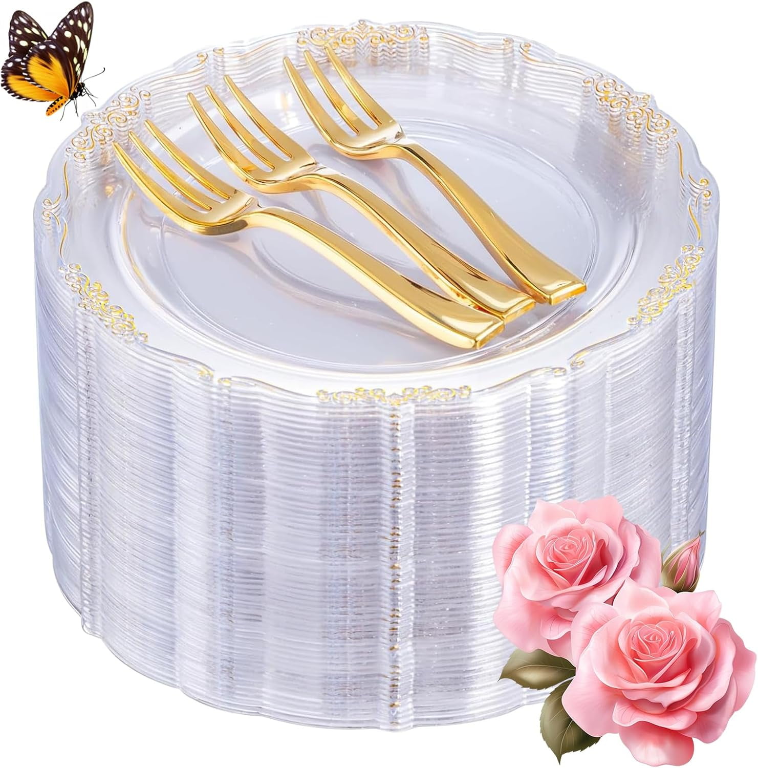 200 Pcs Pink Gold Dessert Plates and Forks, Small Cake Plates 7.5 Inch ...