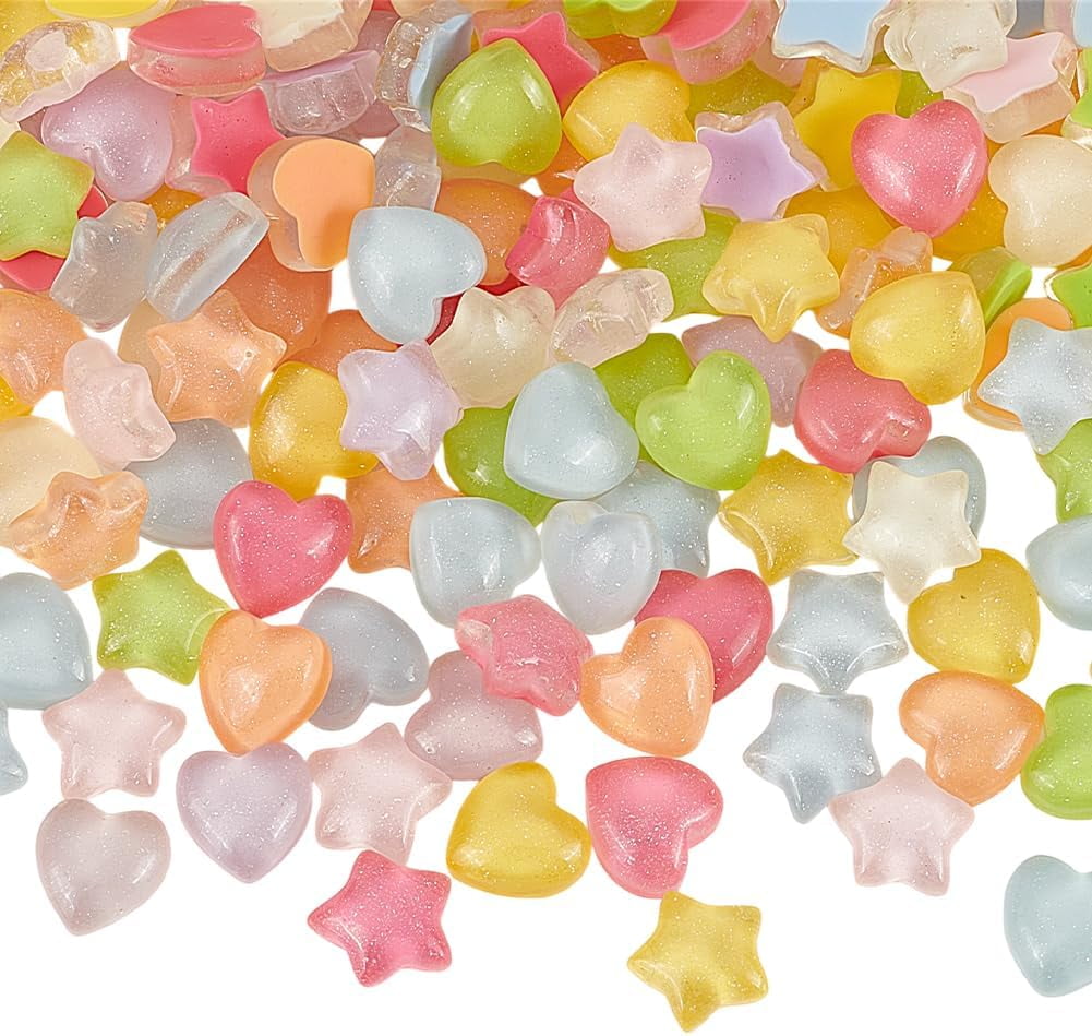 200 Pcs Star Heart Cabochons 2 Styles Colorful Plastic Love Beads ...