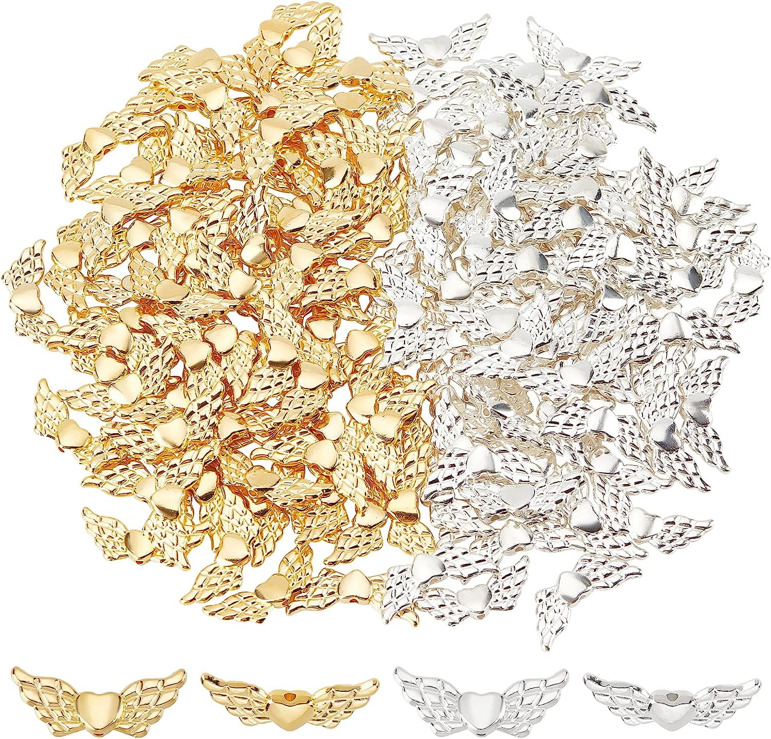 200 Pcs Wing Charm Beads 2 Color Angel Charm Pendants Angel Fairy ...