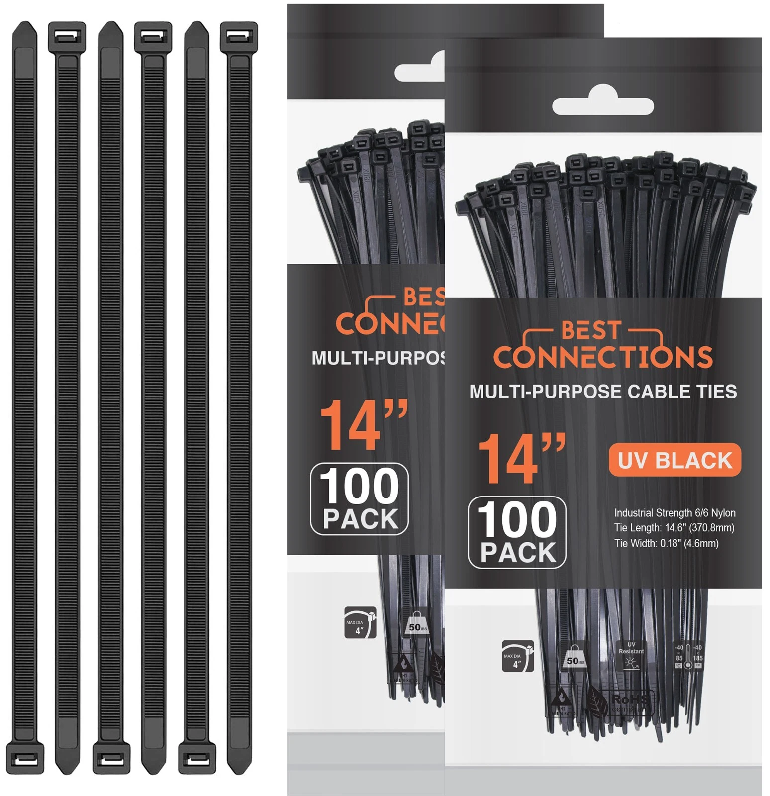 200 Pieces 14 Black Nylon Cable Straps Zip Ties Wire 50 Lbs Tensile ...
