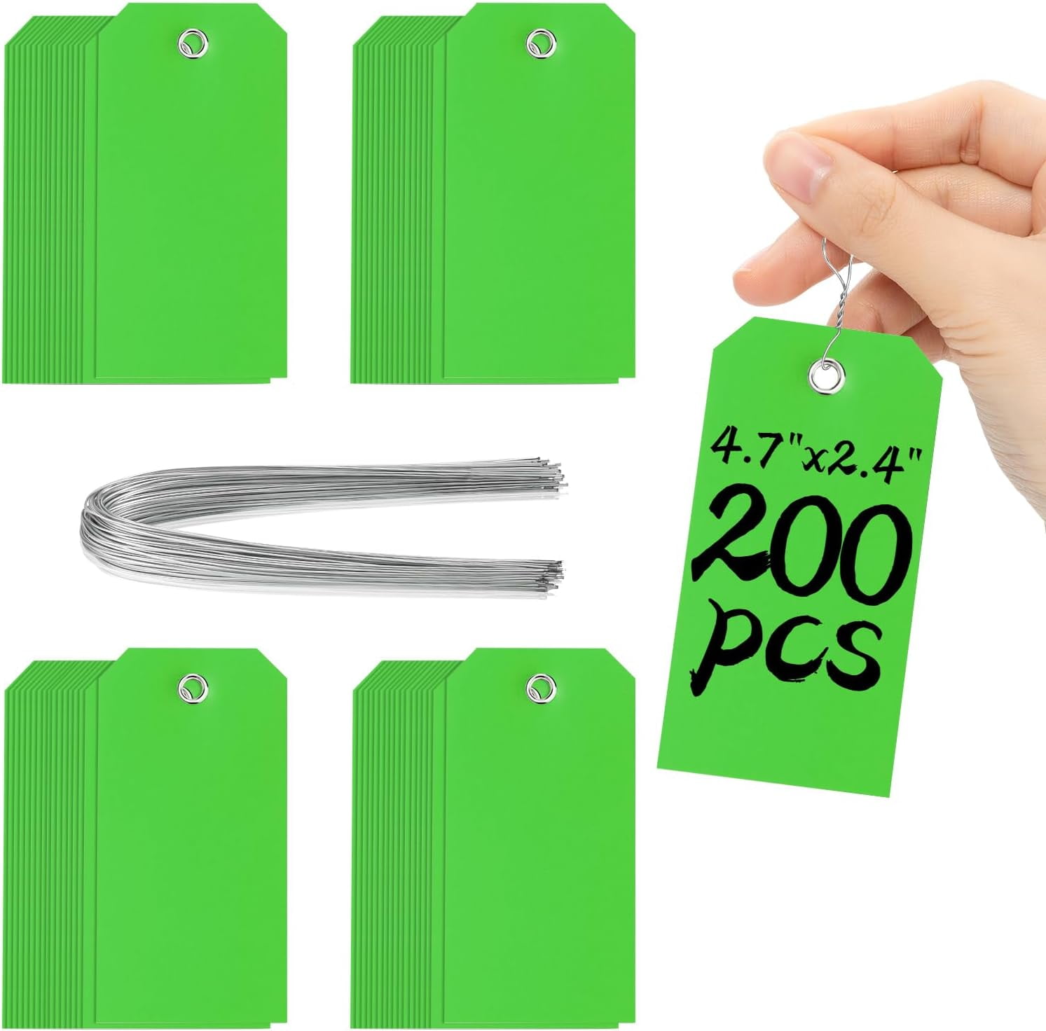 200 Pieces 4 3/4" x 2 3/8" Green Plastic Shipping Tags with Wire ...