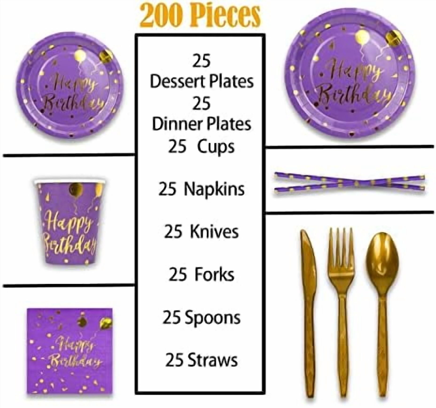 200 Pieces Gold Disposable Party Dinnerware Set &Disposable Purple ...