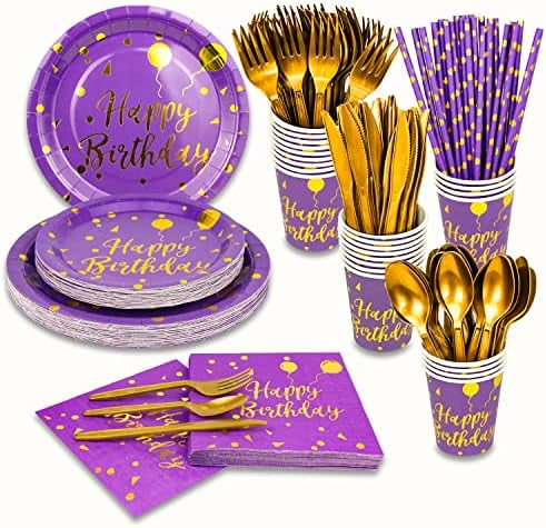 200 Pieces Gold Disposable Party Dinnerware Set &Disposable Purple ...