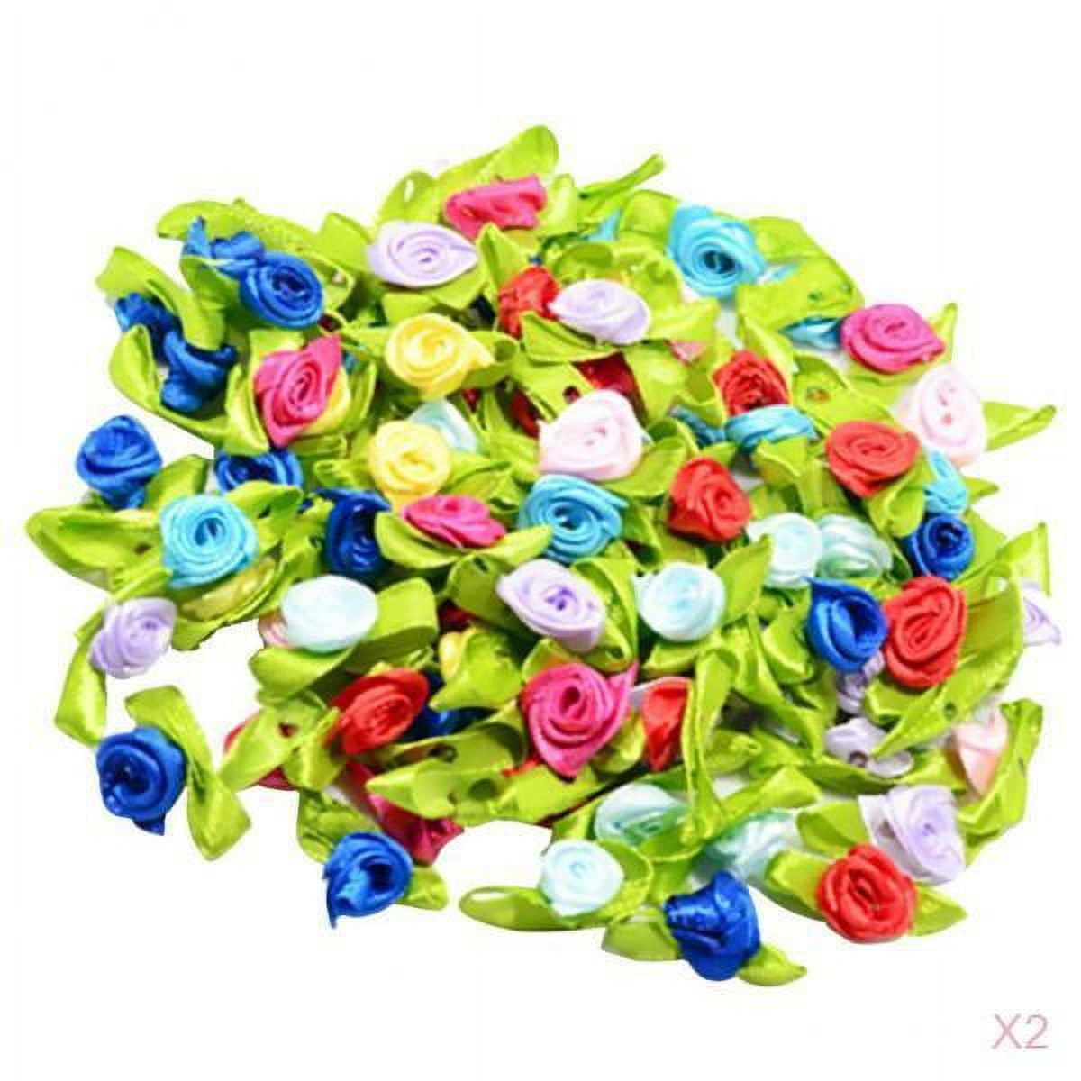 200 Pieces MINI SATIN RIBBON ROSE BUD FLOWER WITH GREEN LEAVES SEWING ...