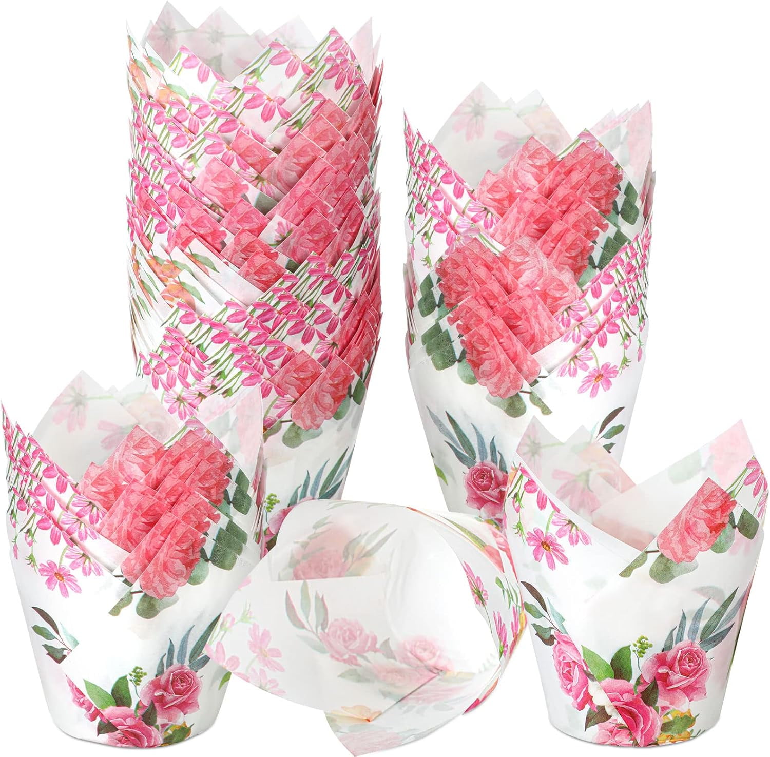 200 Pieces Pink Flower Tulip Cupcake Wrappers Liners Tulip for Baking ...