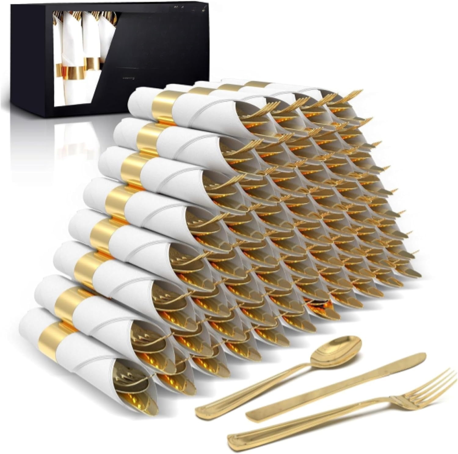 200 Pieces Pre Rolled Gold Plastic Silverware Set for 50 Guests ...