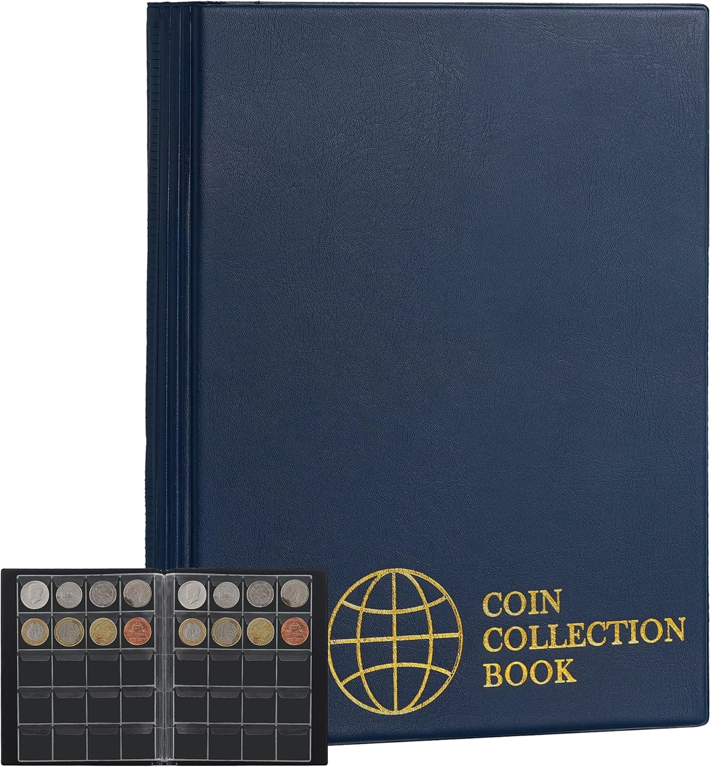 200 Pockets Coin Albums - 1.8x1.8 inch Grid Blue Coin Book 10 Pages ...