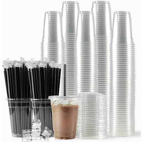 [200 Sets - 12oz Plastic Cups with Lids and Straws, Disposable Cups for ...