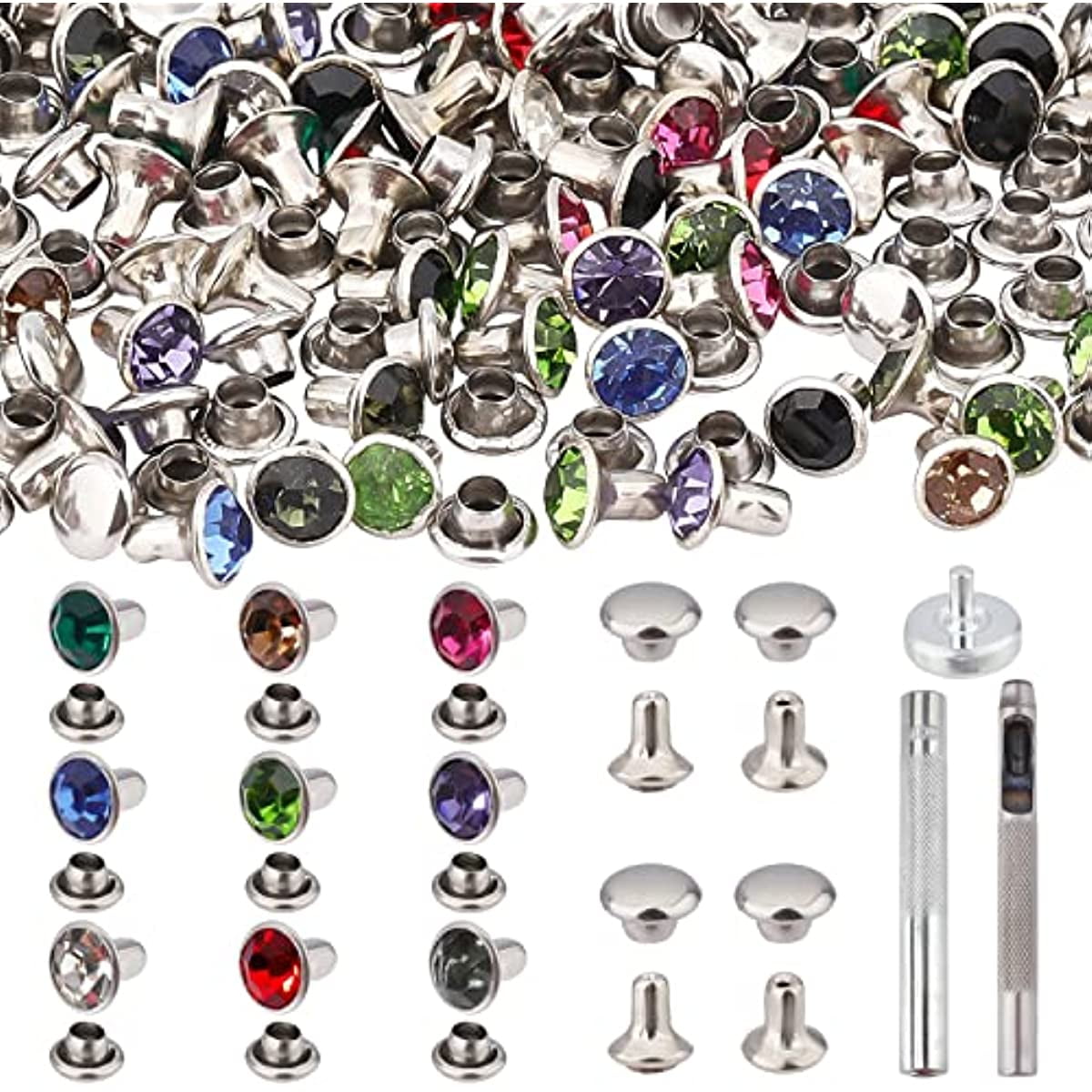 200 Sets Rhinestone Rivets Brass Crystal Rivets Studs with Pieces ...