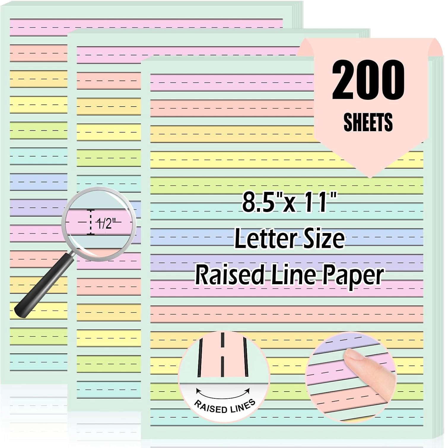 200 Sheet Raised Line Handwriting Paper With 1/2" Spacing Wide Ruled ...