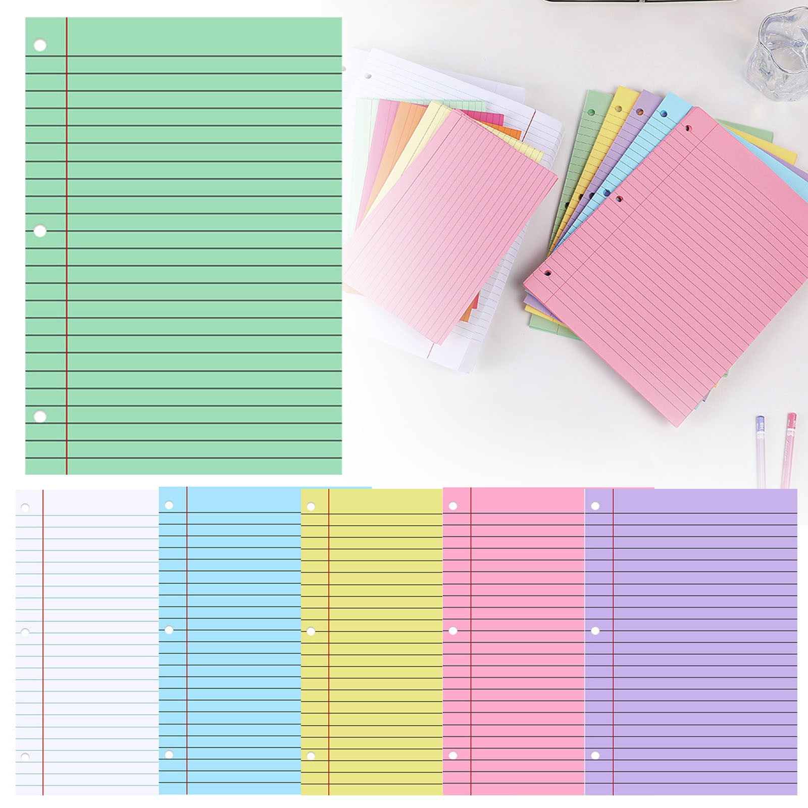 200 Sheets Aesthetic Colored Loose Paper 8x11" College Ruled 3 Hole ...