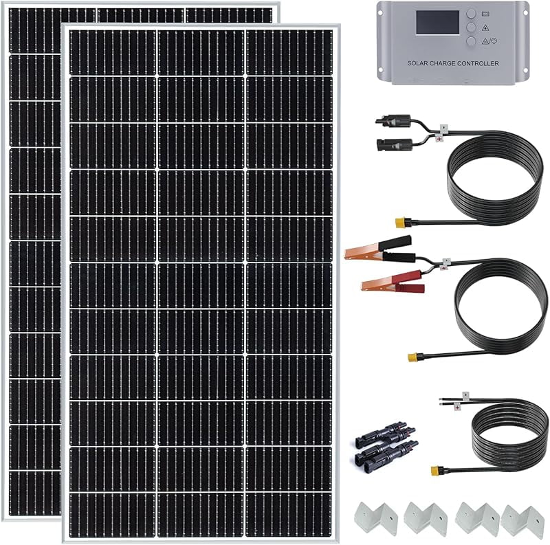 200 Watt 12Volt/24Volt Solar Panel Starter Kit 2PCS 105W Monocrystalline Module 20A Charge ...