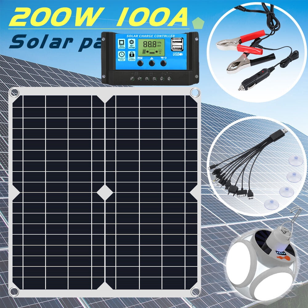 200 Watts Solar Panel Kit 100A 12V Battery Charger w/Controller + LED ...