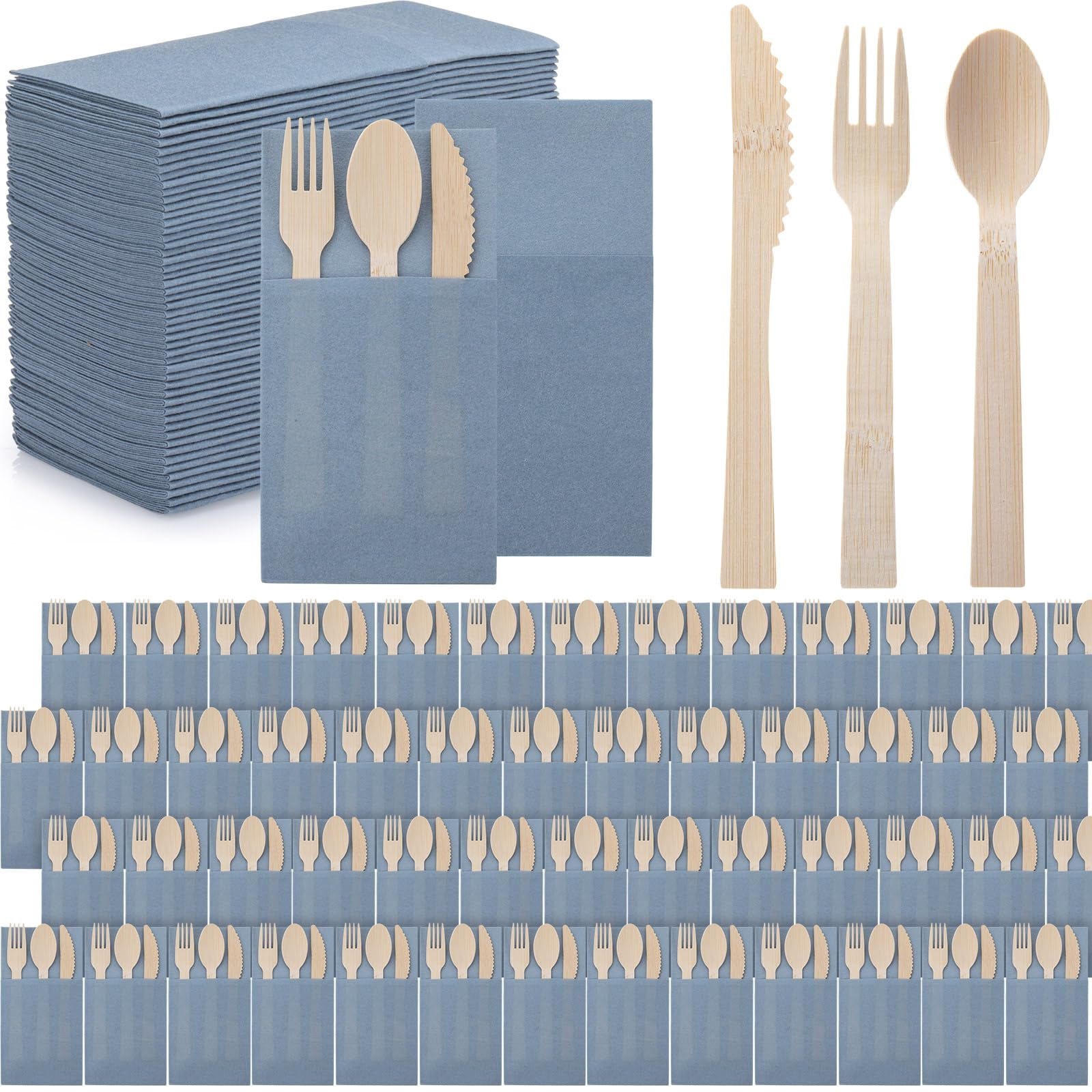 200 Wooden Cutlery Set Disposable Wood Utensil For 50 Guest Spoon Linen ...