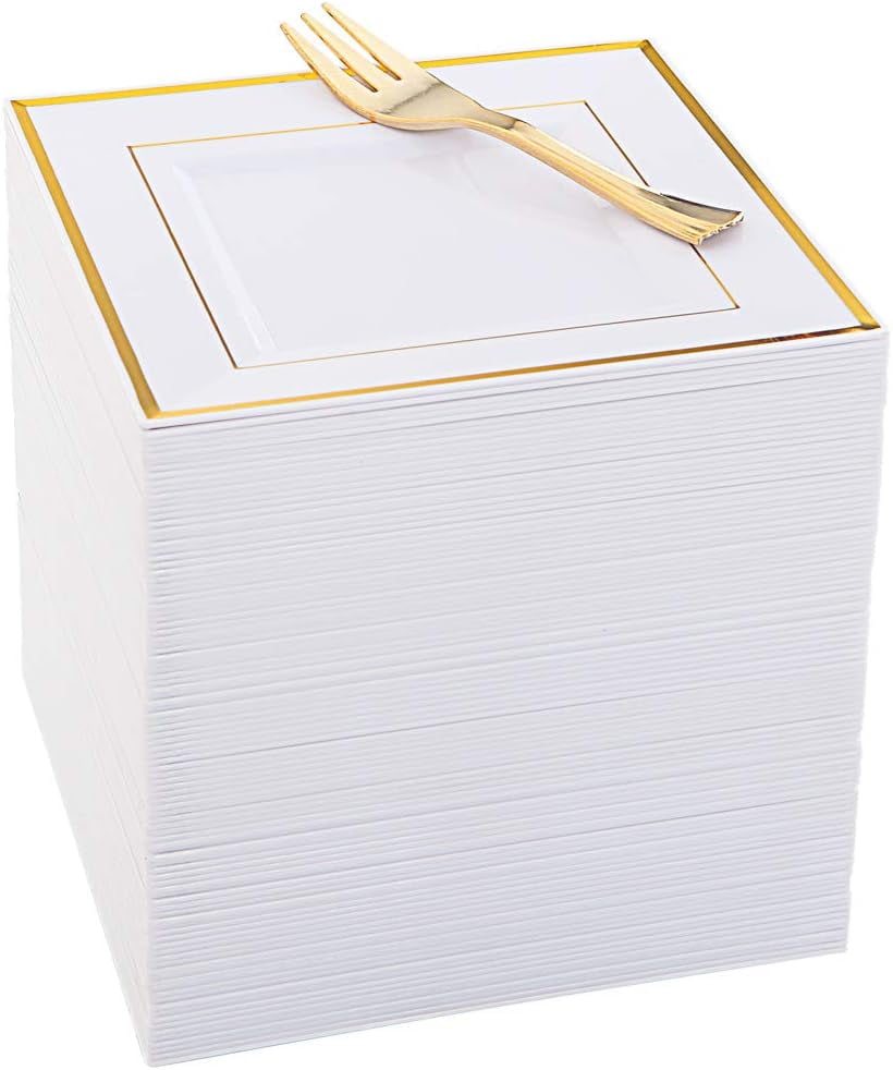200 gold plastic dessert plates with plastic forks -6 inches, 100 ...