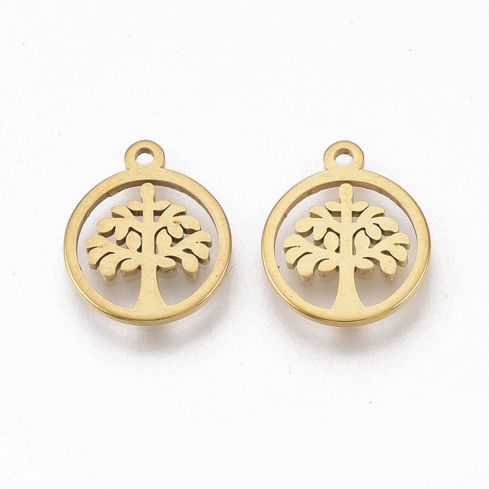 200 pc 201 Stainless Steel Charms Flat Round with Tree of Life Golden ...