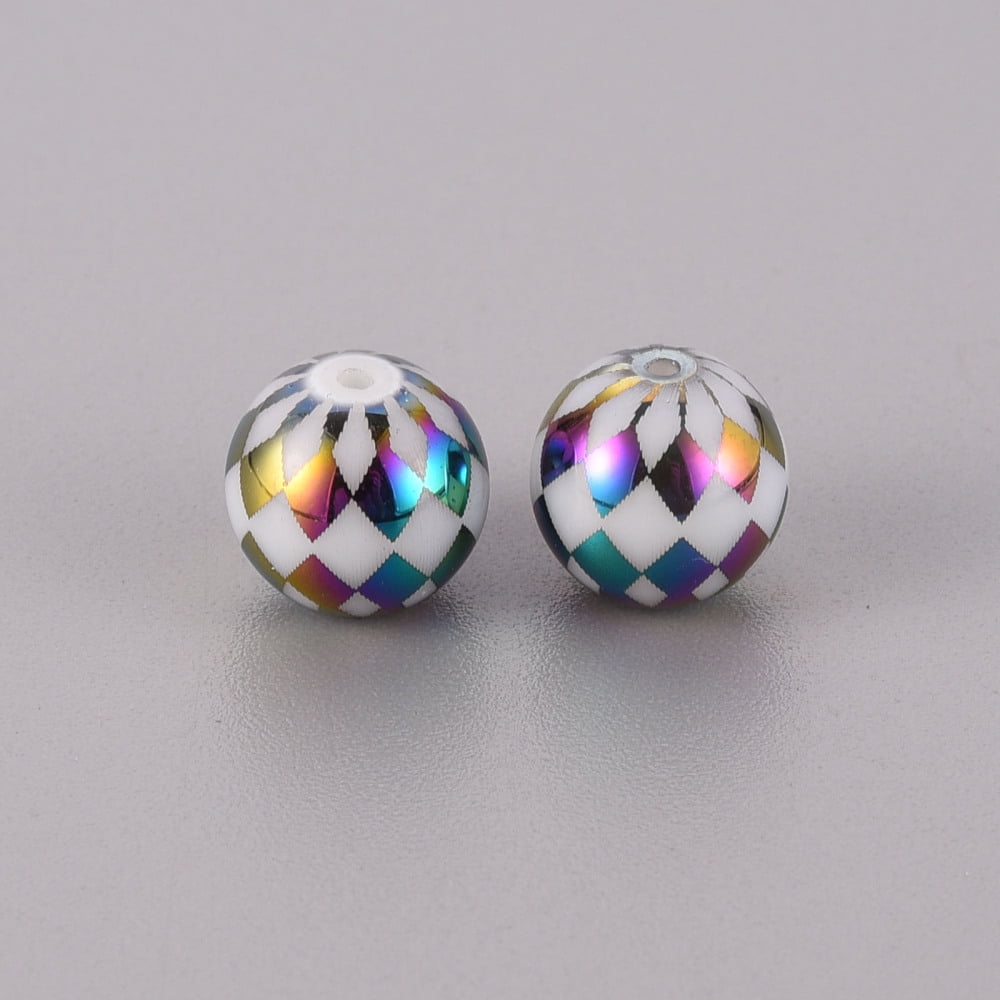 200 pc Electroplate Glass Beads Round with Grid Pattern Multi-color ...