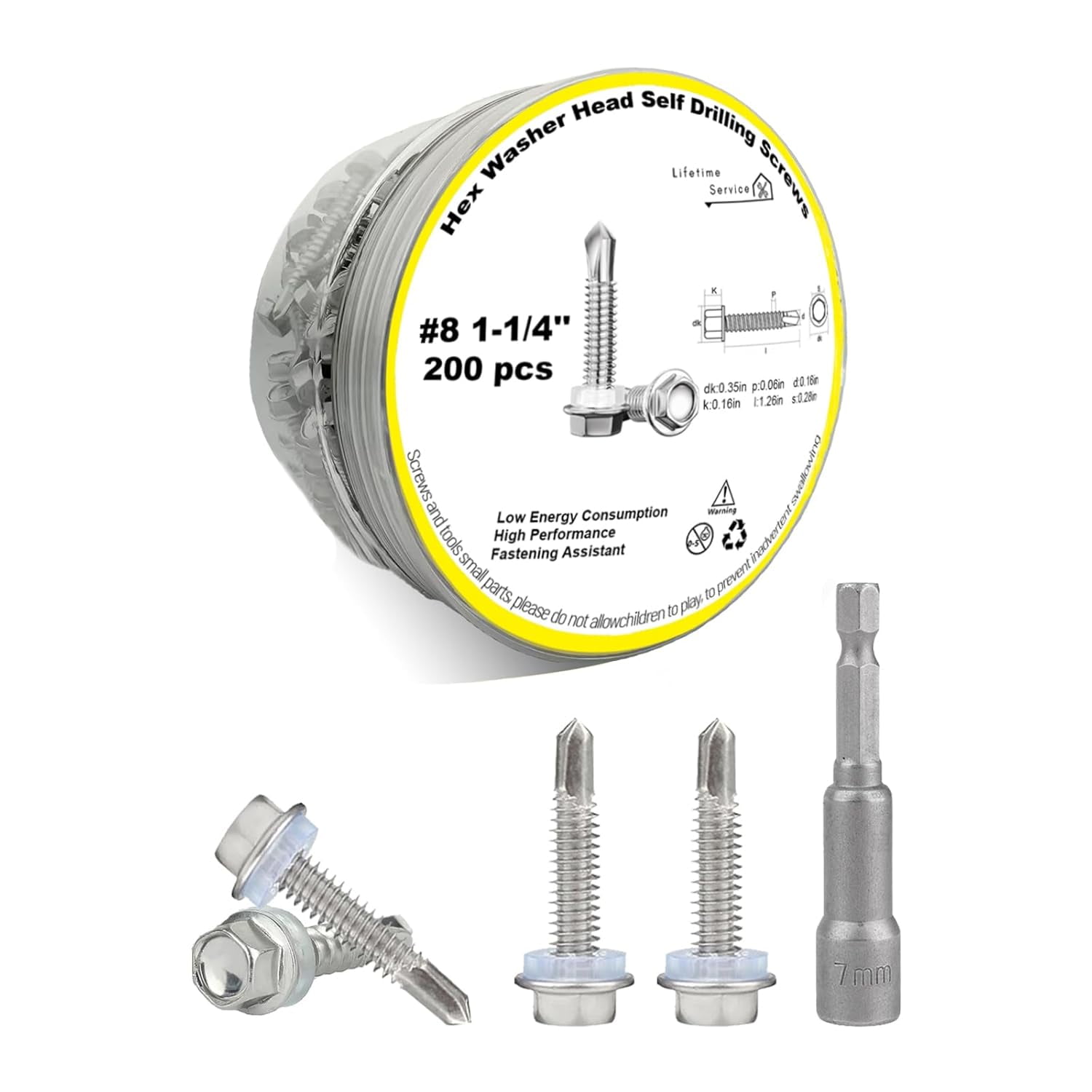 (200 pcs) #8×1-1/4"" Hex Washer Head Self-Drilling Screws, 410 Stainless Steel Self-Tapping ...