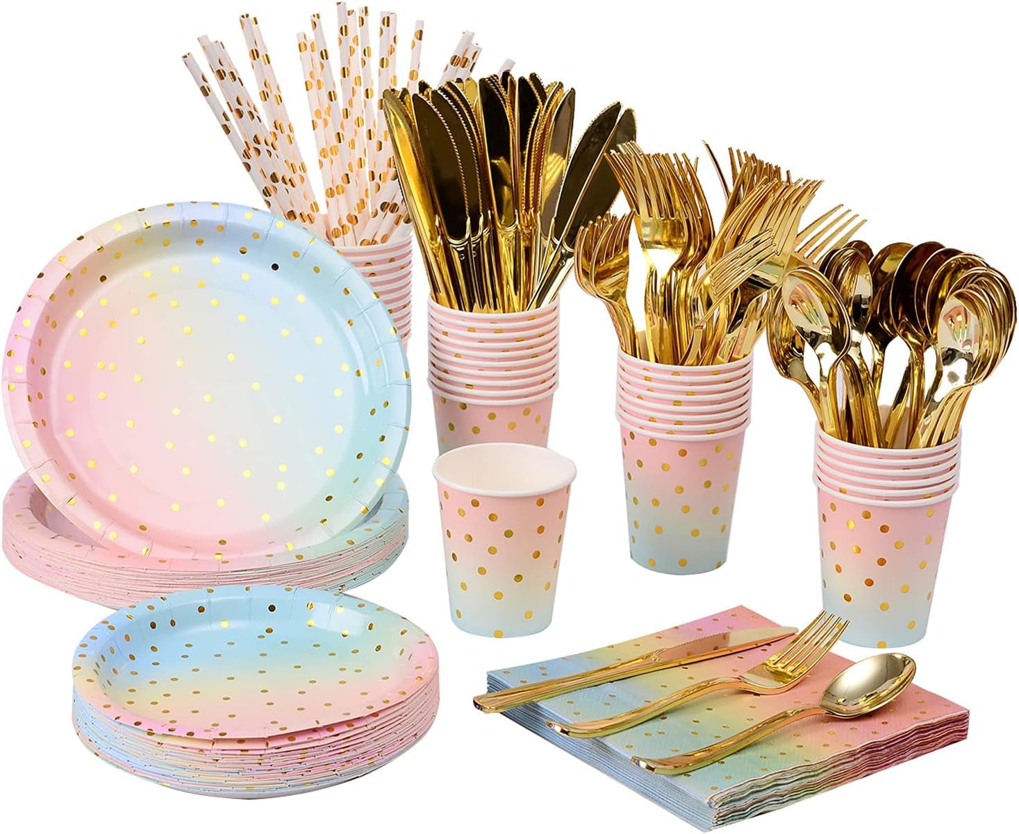 200-piece rainbow macaron party supplies set- disposable paper ...