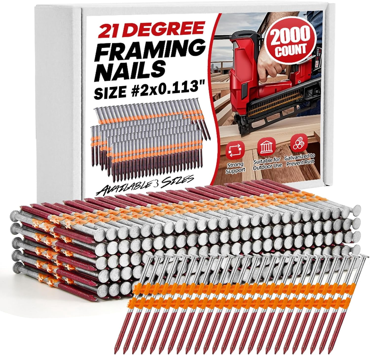 2000 Count 21 Degree Framing Nails, 2" x 0.113" Full Round Head, Ring ...