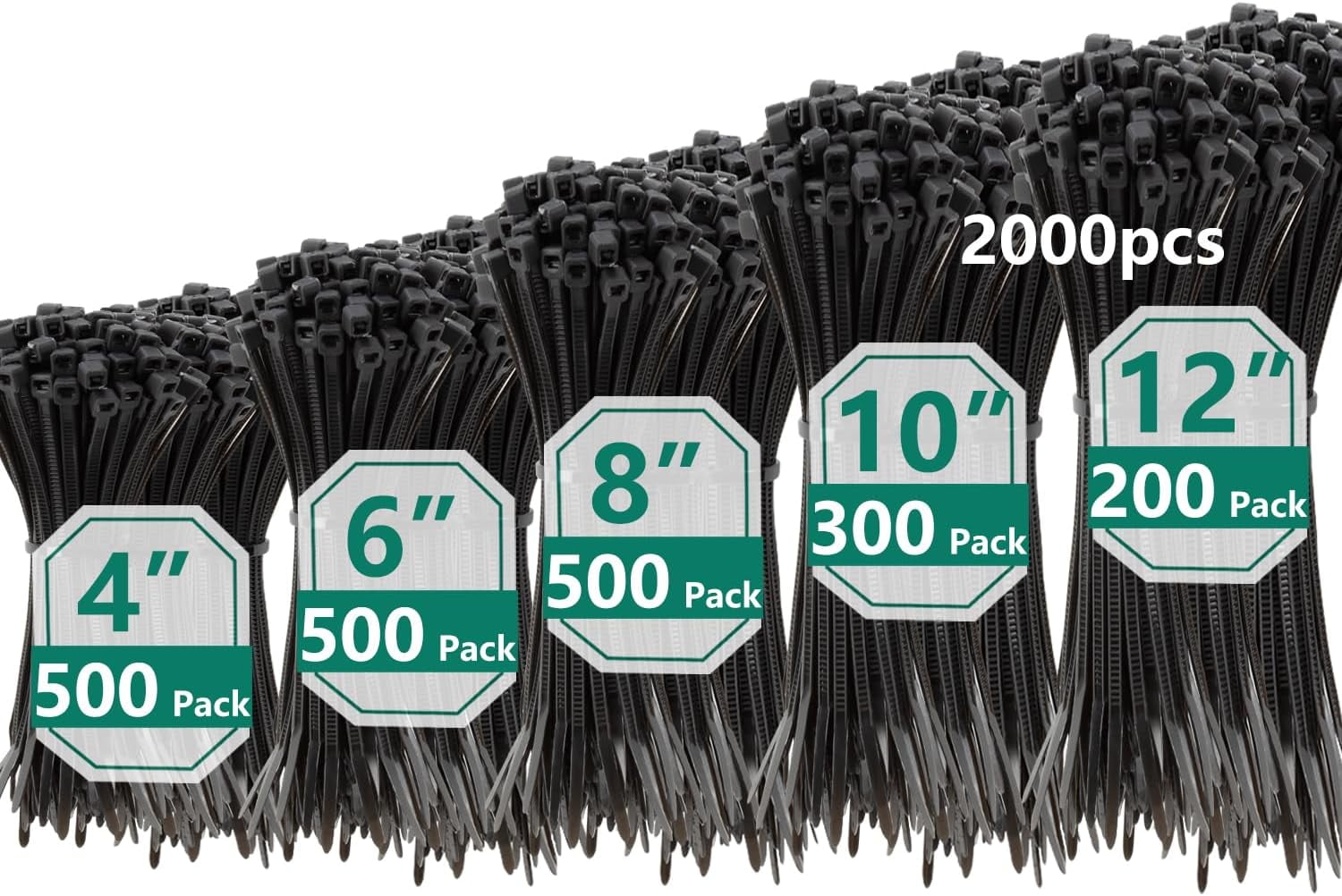 2000 PCS Zip Ties Assorted Sizes 4+6+8+10+12 Inch Self-locking Nylon ...